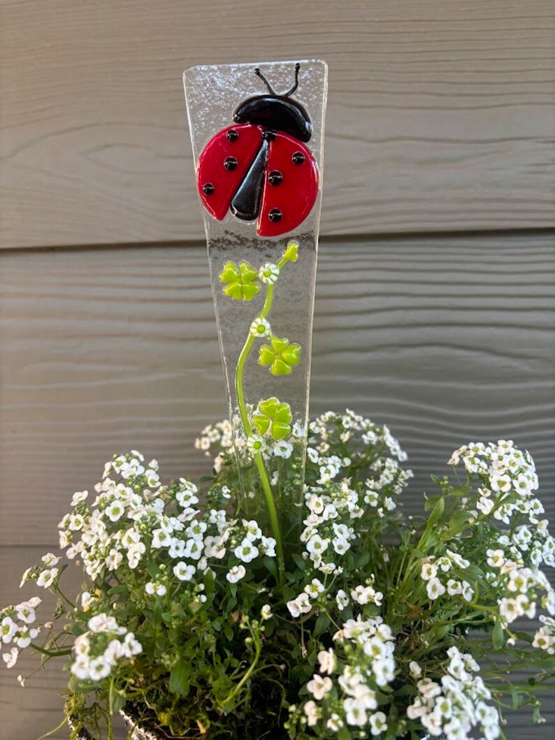 Fused Glass Ladybug Plant Stake, Flower Stake, Ladybug in Flight ...