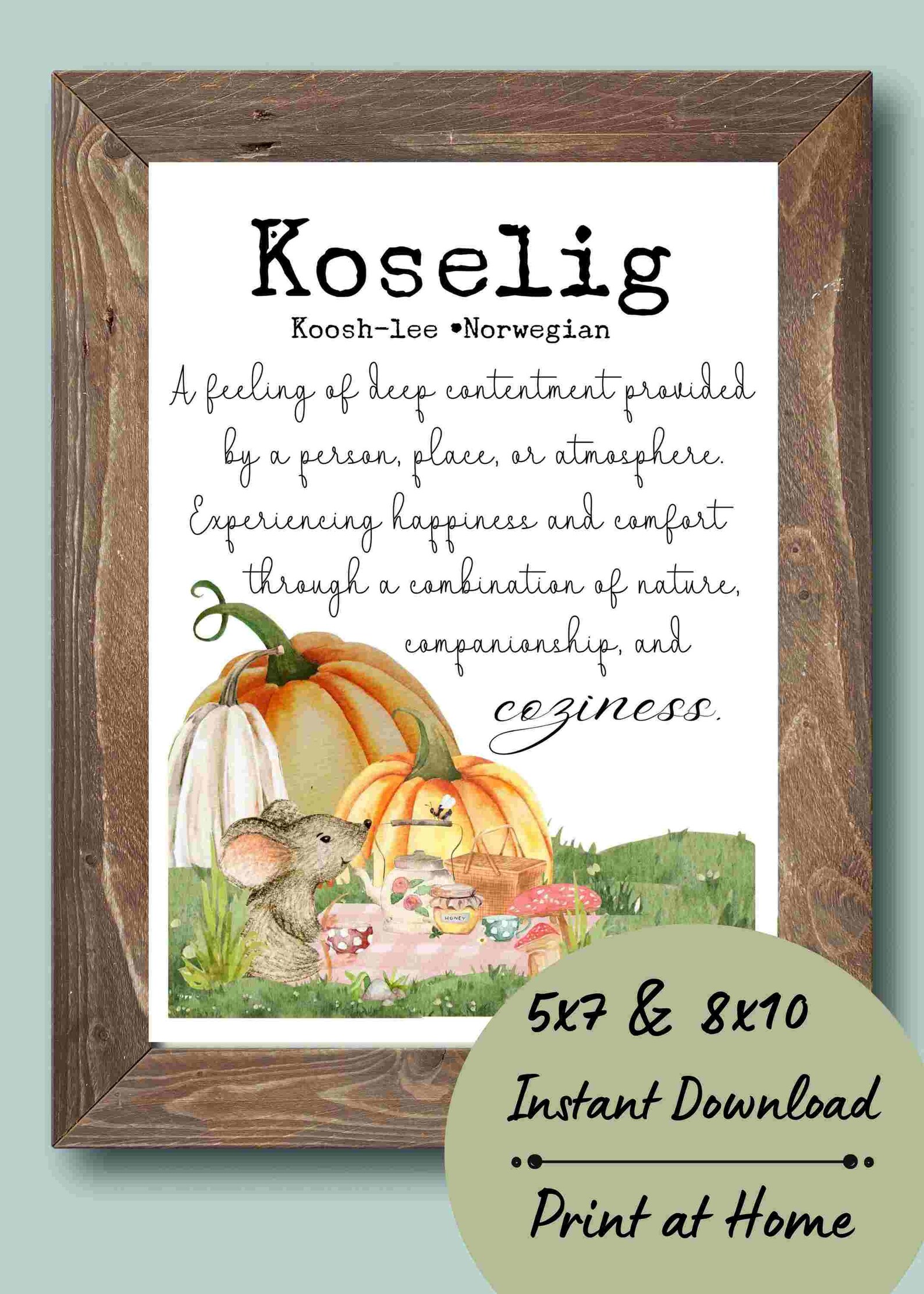 Koselig Printable Word Definition Art, Watercolor Woodland Pumpkin Tea Party, Picnic, Home Decor ...
