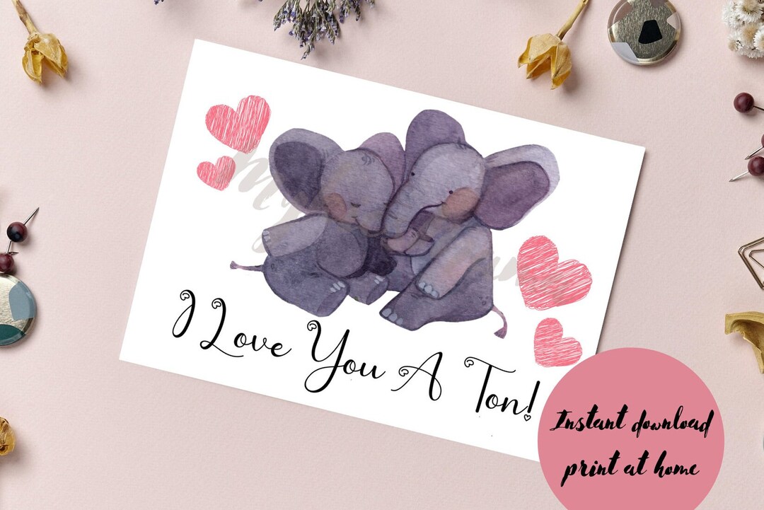 Printable Valentine's Day Card/ Elephant Design/ Watercolor Greeting ...
