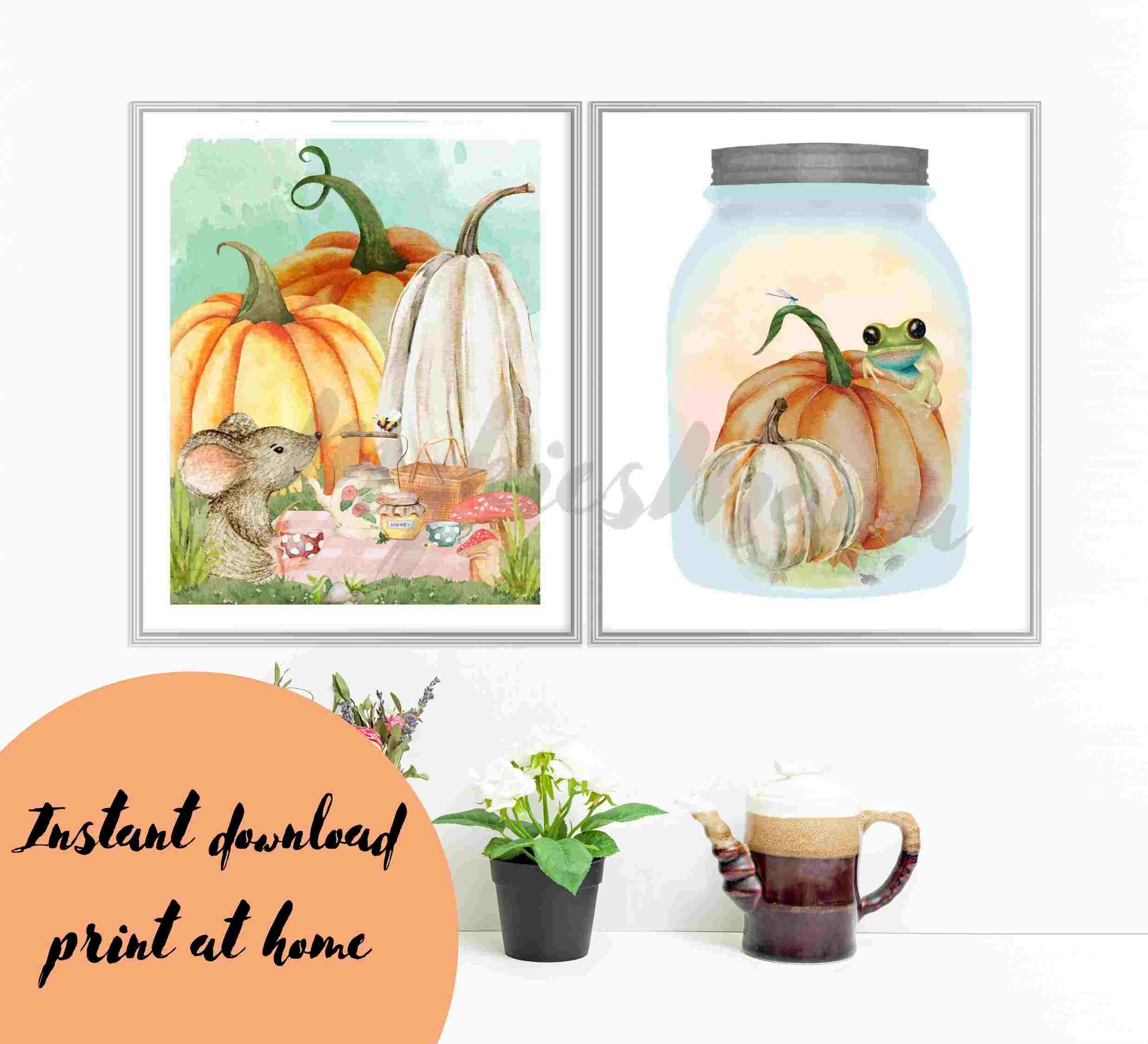 Printable Autumn/ Fall Decor, Watercolor Woodland Pumpkin Frog ...