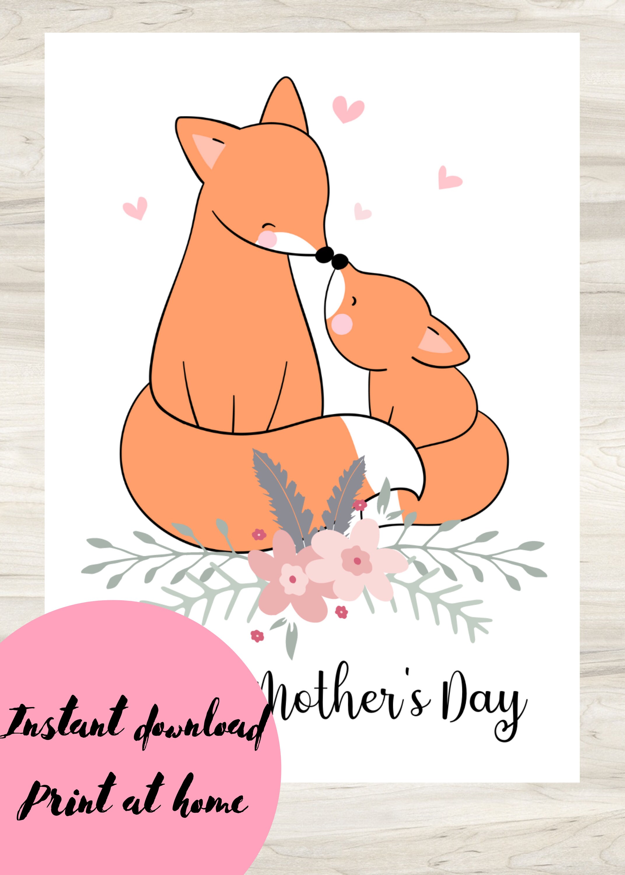 Printable Mother's Day Card/ Mama and Baby Fox Design/ Floral Greeting ...