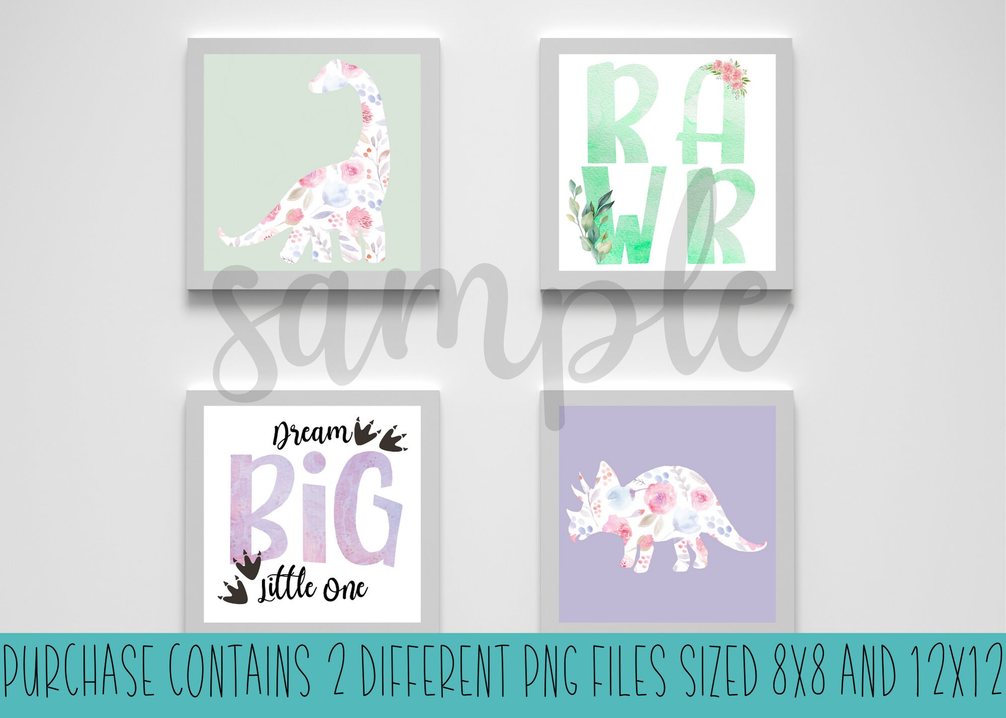 Set of 4 Colorful, Pastel, Floral Dinosaur Printable Wall Art/ Nursery ...