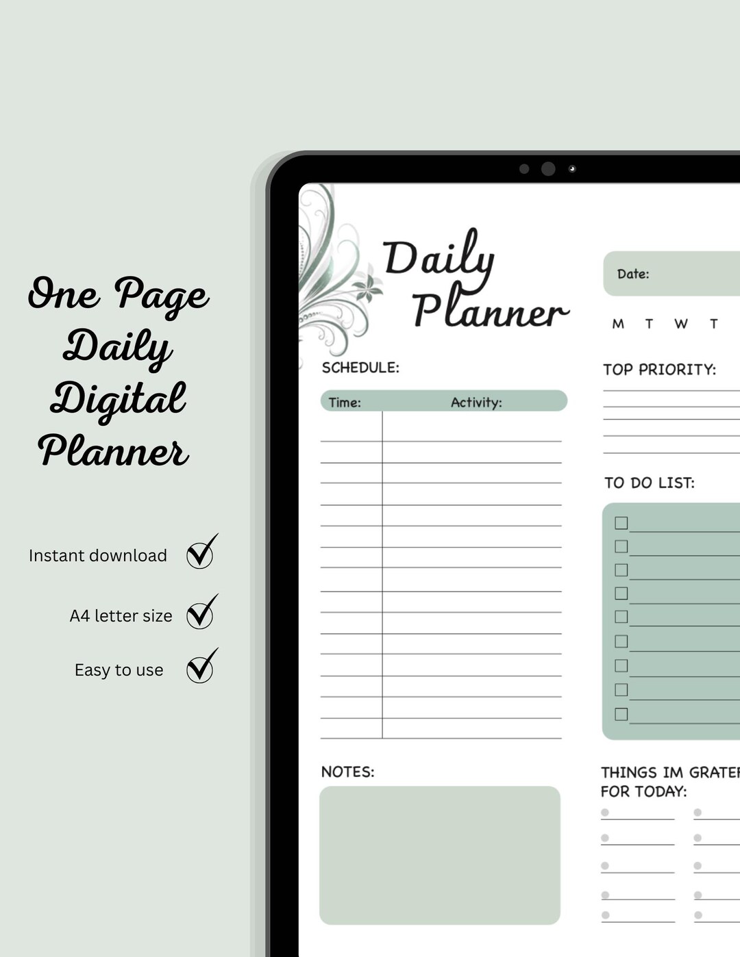 One-page Daily Planner | Digital & Printable PDF | 2000's Elegant ...