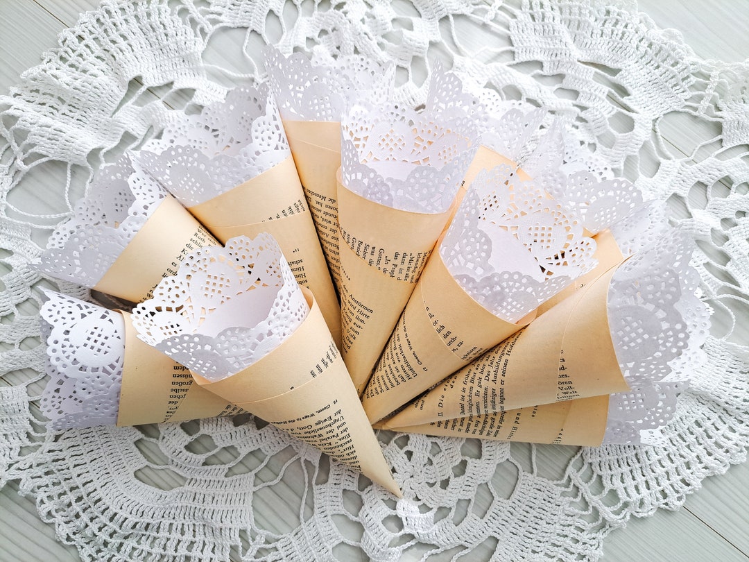 Wedding Confetti Cones From Old Books With Lace, Already Assembled, Set ...