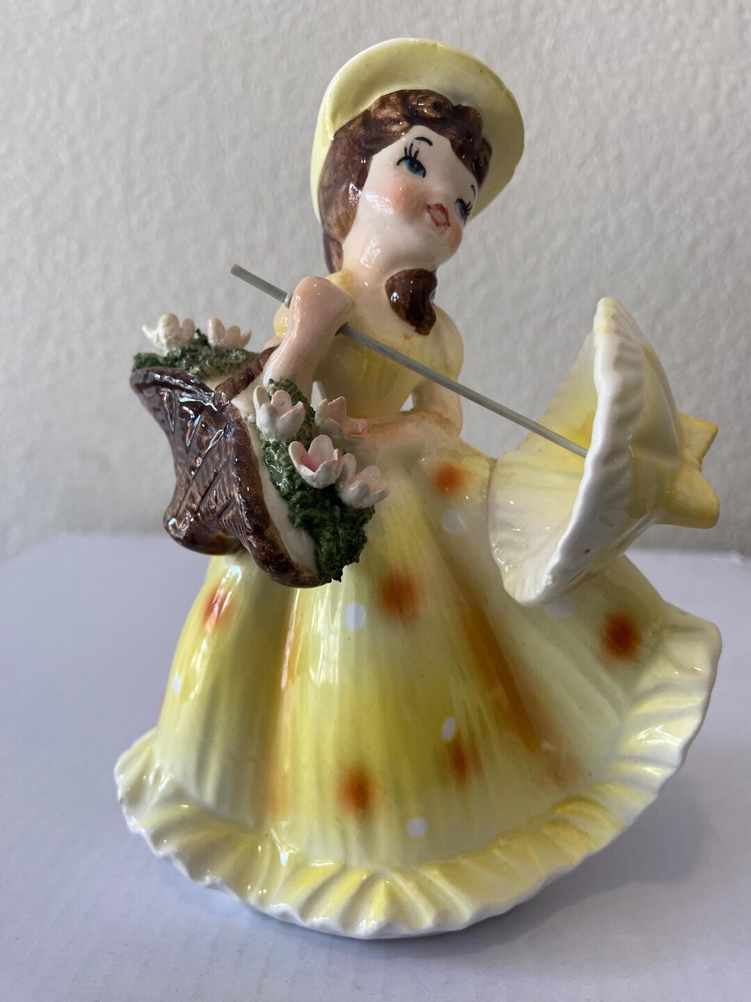 Vintage Lefton Girl With Parasol and Flower Basket 1868 - Etsy