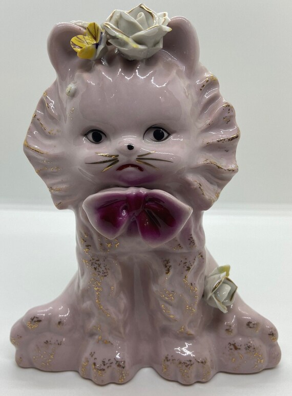 Vintage Lefton Pink Cat Planter With Gold Trim and Flowers - Etsy