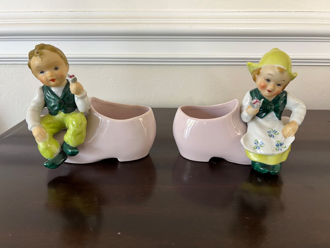 Vintage Lefton Dutch Girl & Boy Sitting on Shoe Planter Set - Etsy