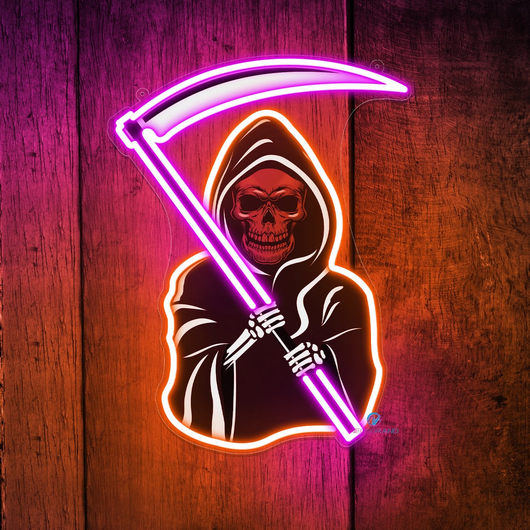 Skull Decor Halloween Neon Sign Skeleton Wall Art Grim Reaper Halloween ...