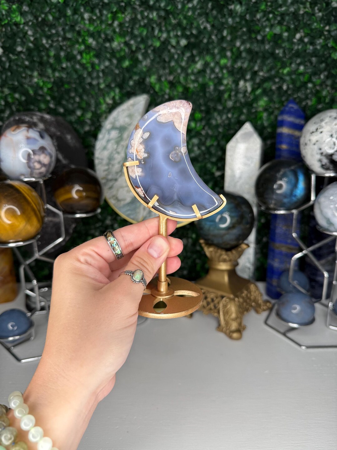 Blue Flower Agate Moons | Crystals, Carvings, on Stand, Statement Piece ...