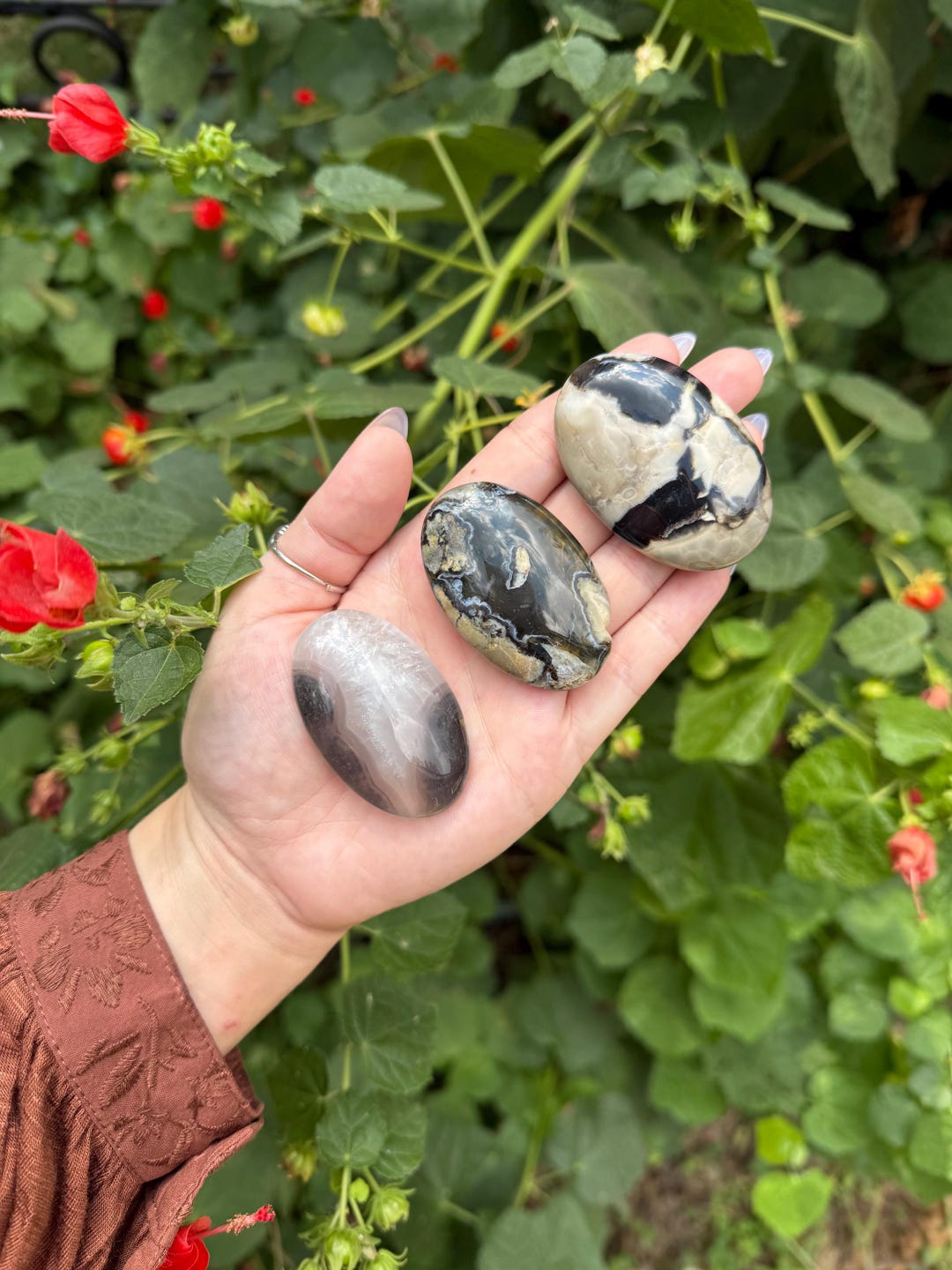 Volcano Agate Palm Stones | Crystal Worry Stones, Flat Pocket Stone ...