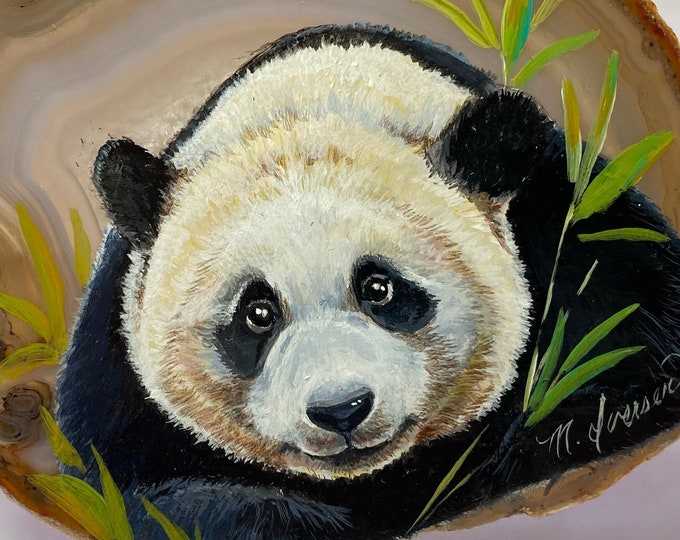 Custom Hand Painted Panda Stone, Realistic, Panda, Agate, Metaphysical ...