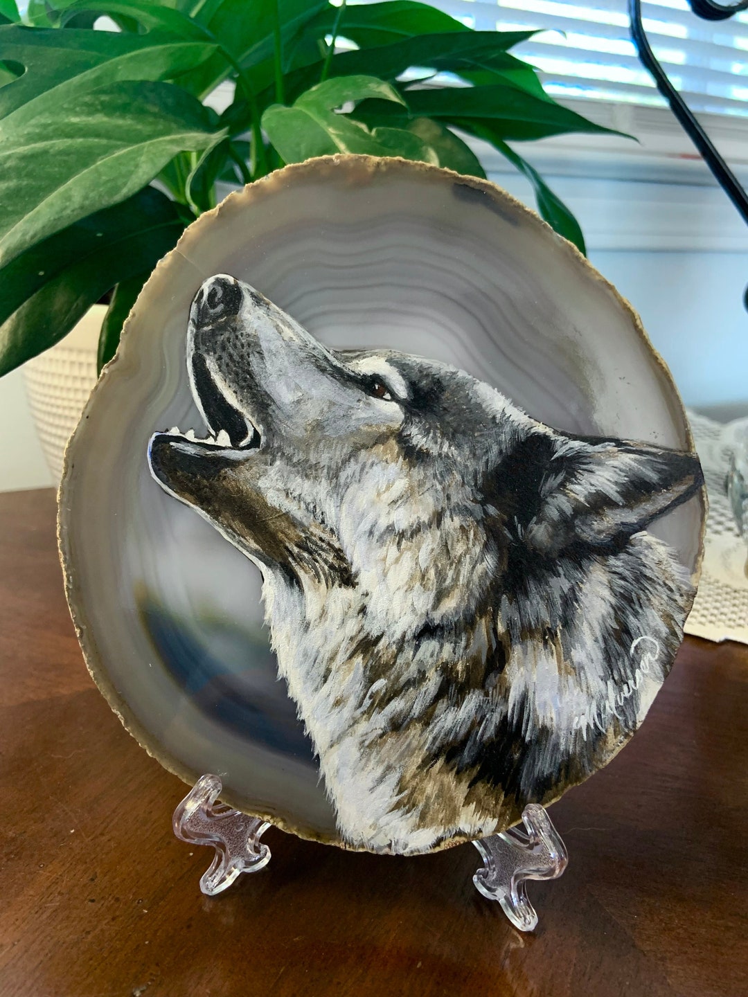 Hand Painted Large Original Wolf, Stone, Agate, Realistic, Spirit ...