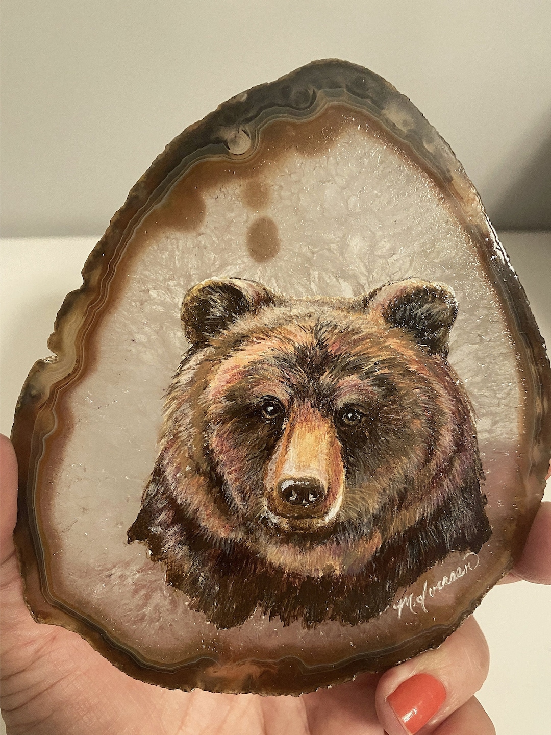 Hand Painted Original Grizzly Bear, Lace Agate, Brown Bear ...