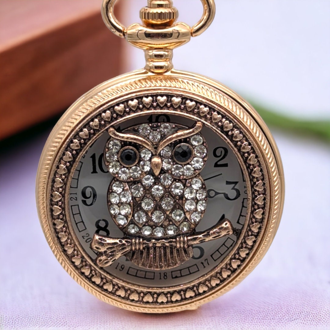 Owl Crystal NEW Pocket Watch Rose Gold Copper Tone Jewel - Etsy
