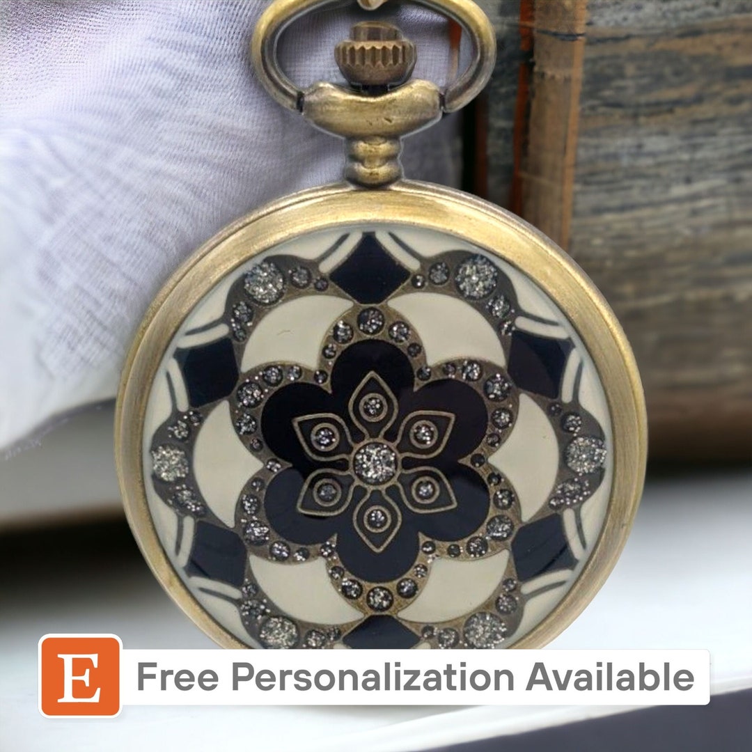 Black and White NEW Pendant Pocket Watch Enamel & Crystal Floral Floral ...