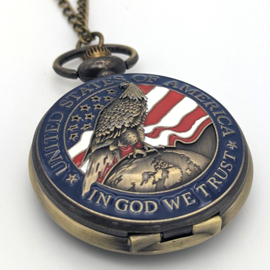 Bald Eagle Patriotic NEW Pocket Watch USA in God We Trust Gift Antique ...