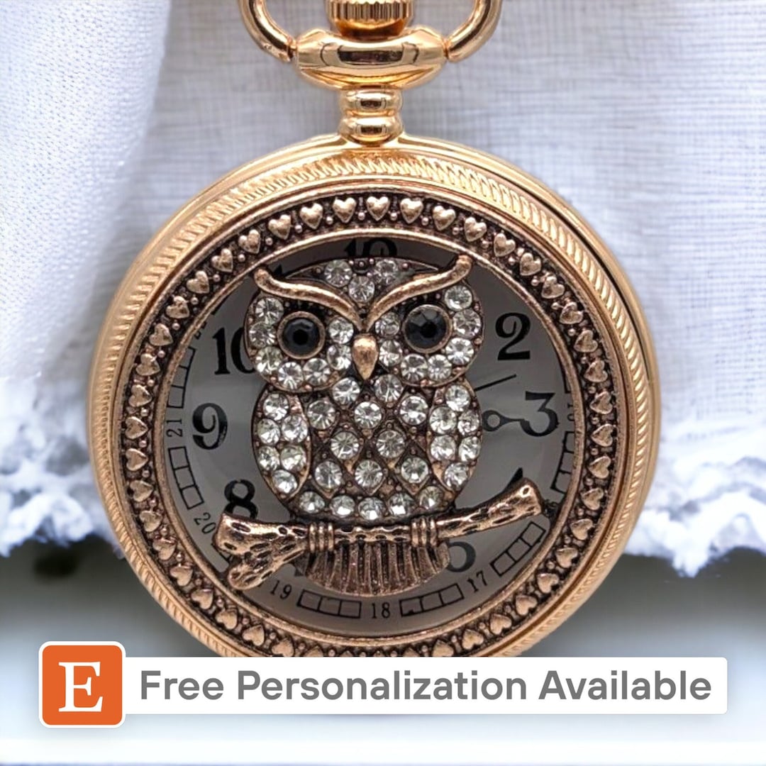 Owl Crystal NEW Pocket Watch Copper Tone Jewel Encrusted Gift Owls Bird ...