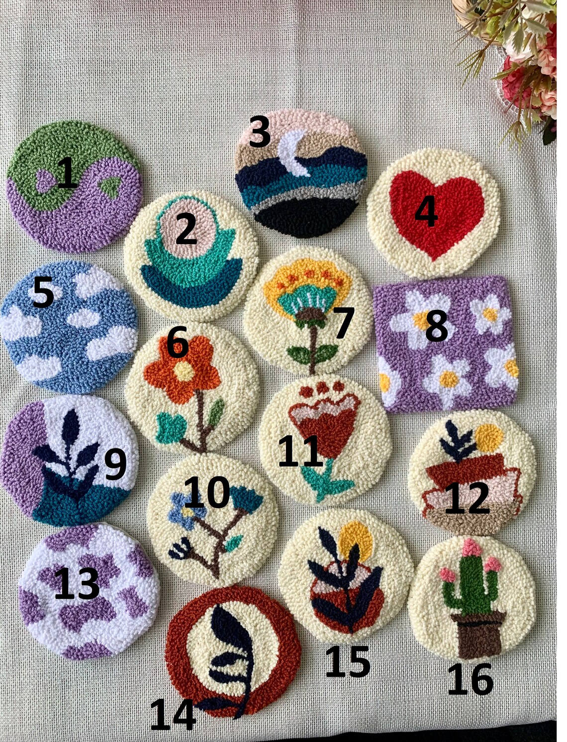 Set of 2, Punch Needle Coaster, Drink Coasters,flower Coaster, Floral ...