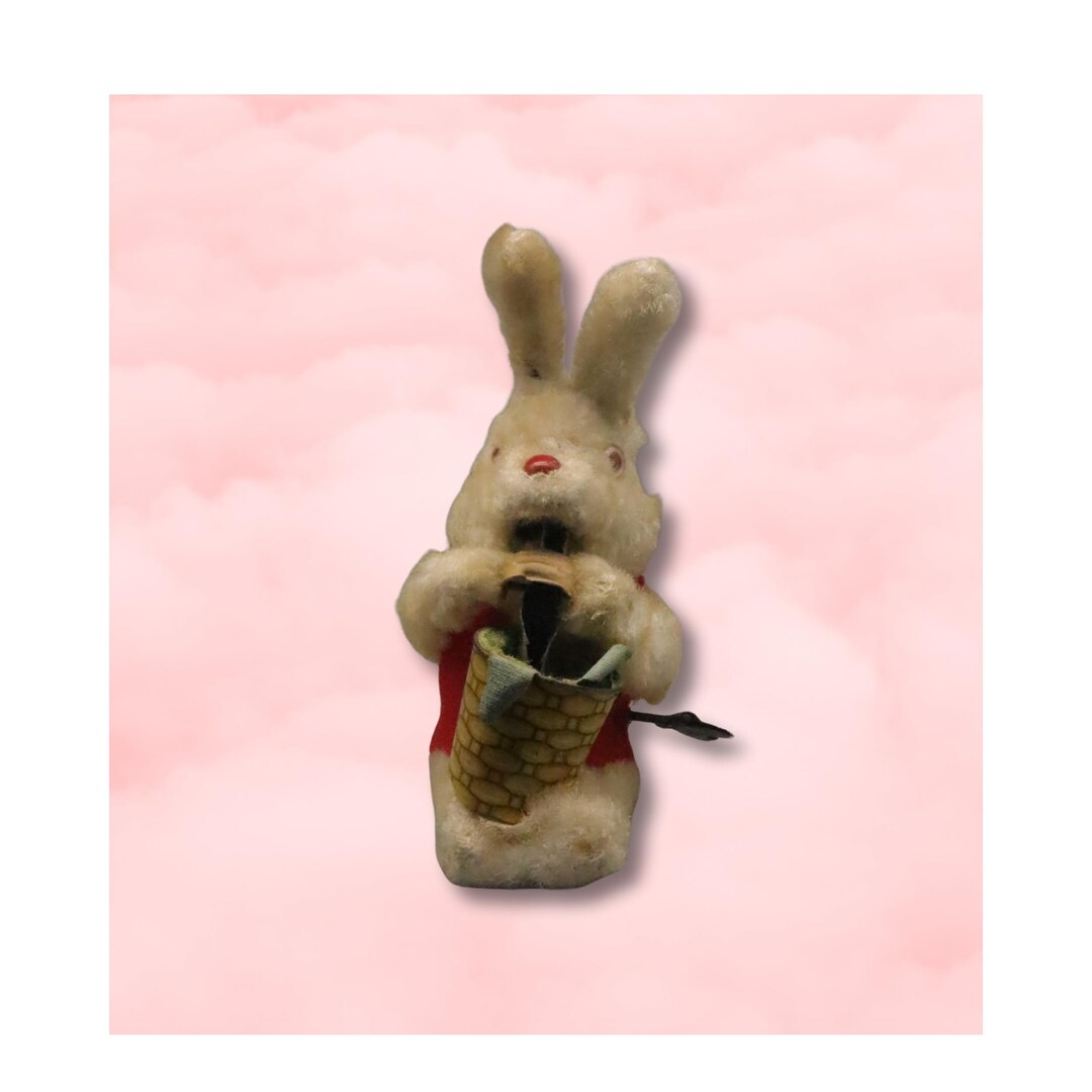 Vintage Japanese Wind-up Plush Rabbit Toy – Red Coat & Tin Basket ...