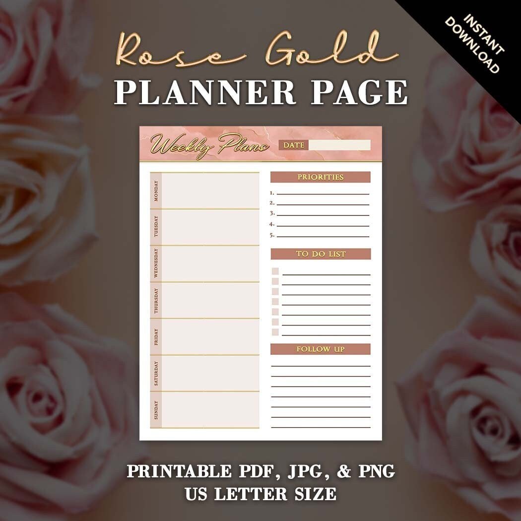 Rose Gold Weekly Planner Page Printable Printable Page - Etsy