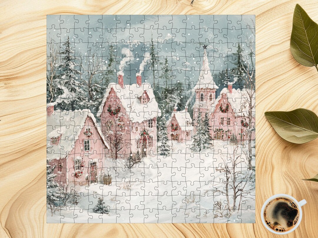 Winter Village Jigsaw Puzzle: Chromatic Folk Art, Snowy Pink Houses ...