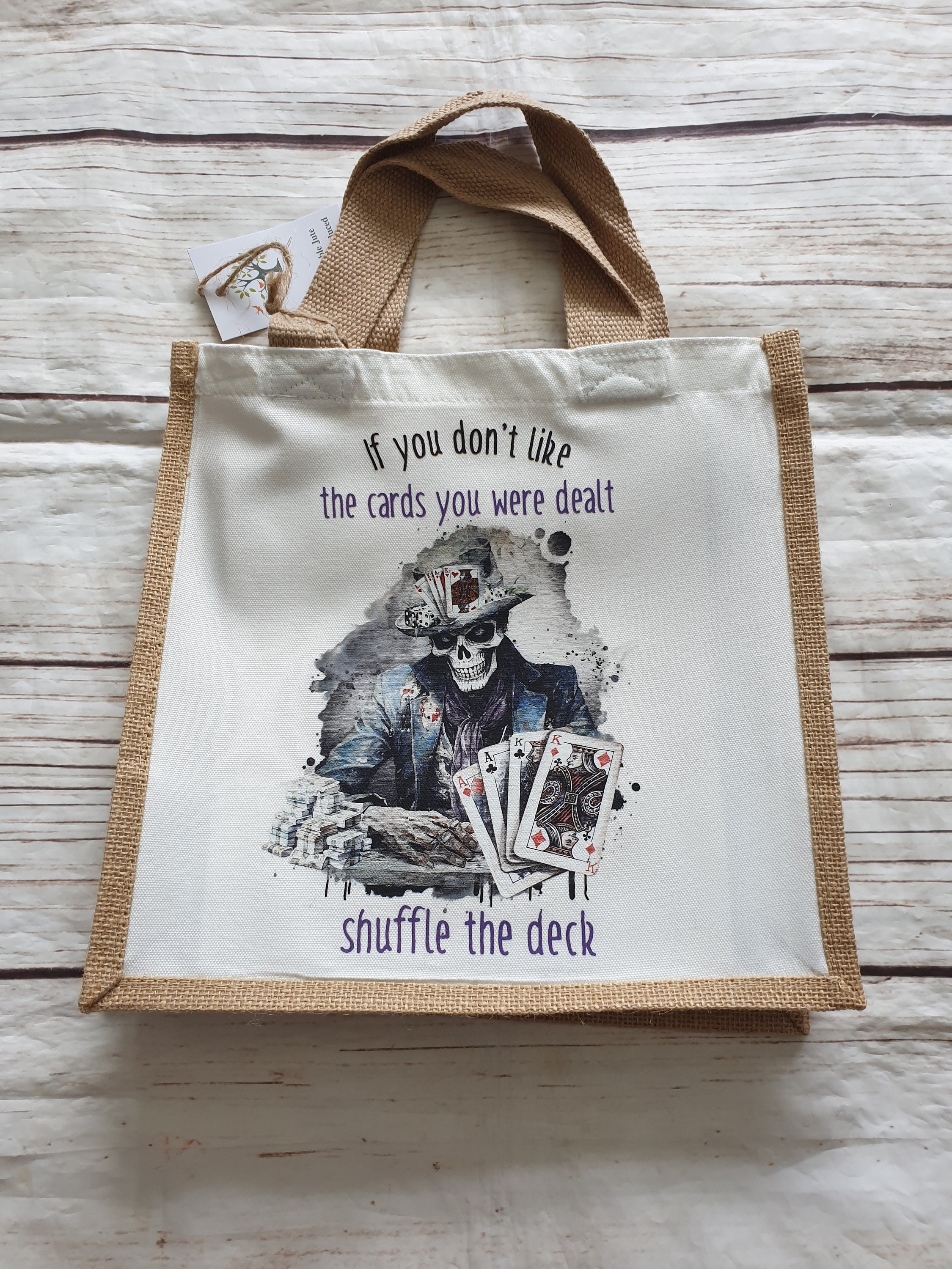 Skeleton Poker Player, Personalised Jute Bag Medium With Fabric Pocket ...