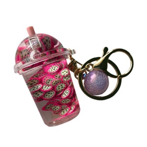 Fruity Boba Liquid Keychain Bubble Milk Tea Floating Fruit Key Charm ...