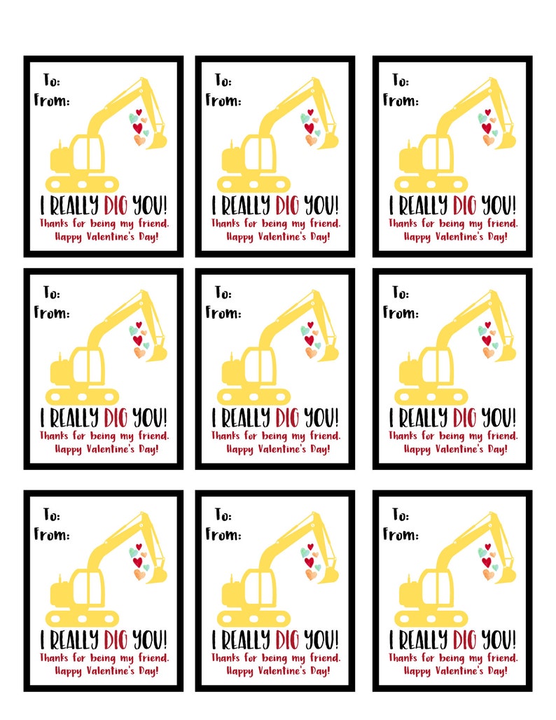Valentine's Printable Tag, Excavator Gift Tag, I DIG YOU Valentine ...