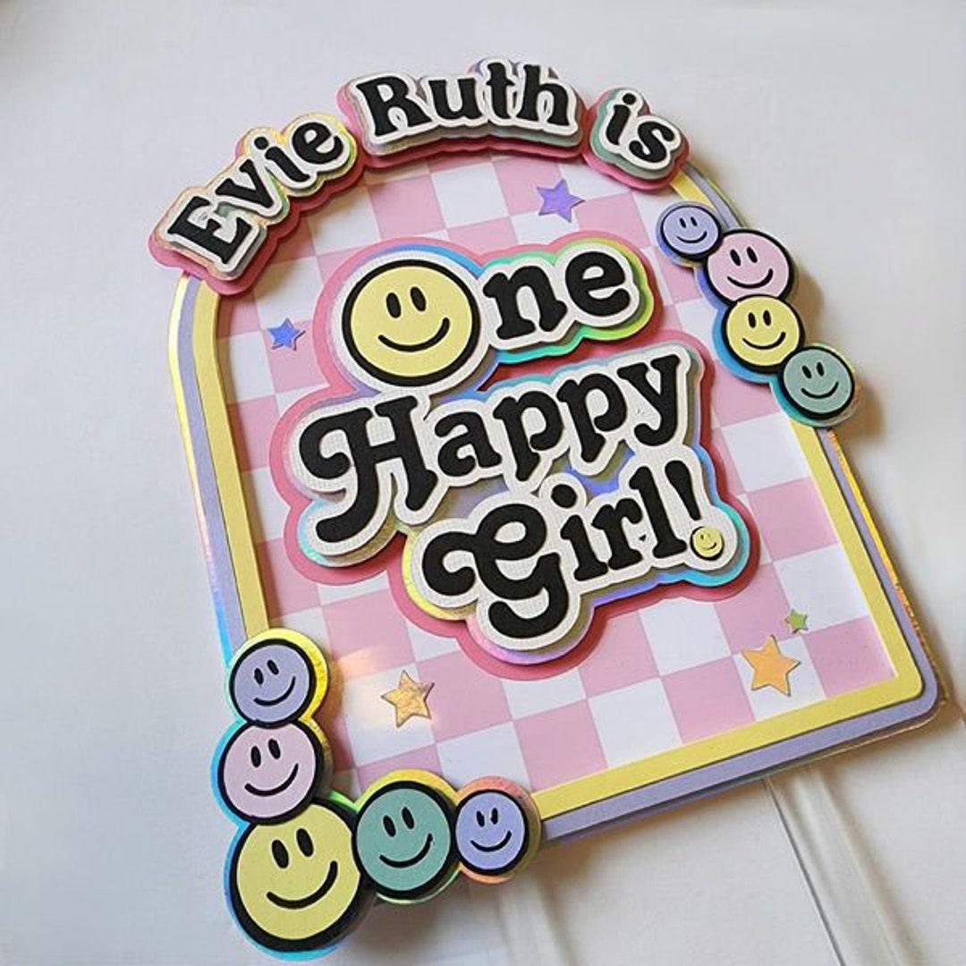 One Happy Girl Cake Topper, Pastel Pink Smiley Face Birthday Decoration ...