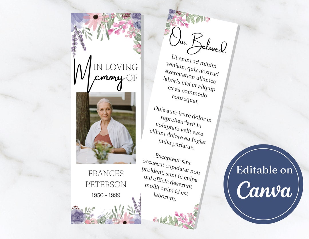 Watercolor Funeral Bookmark Template, Memorial Service, Celebration of ...