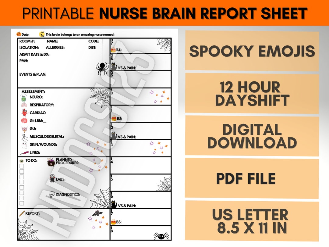 1 Patient Nurse Report Printable + Spooky Halloween Emojis, 12 Hour ...