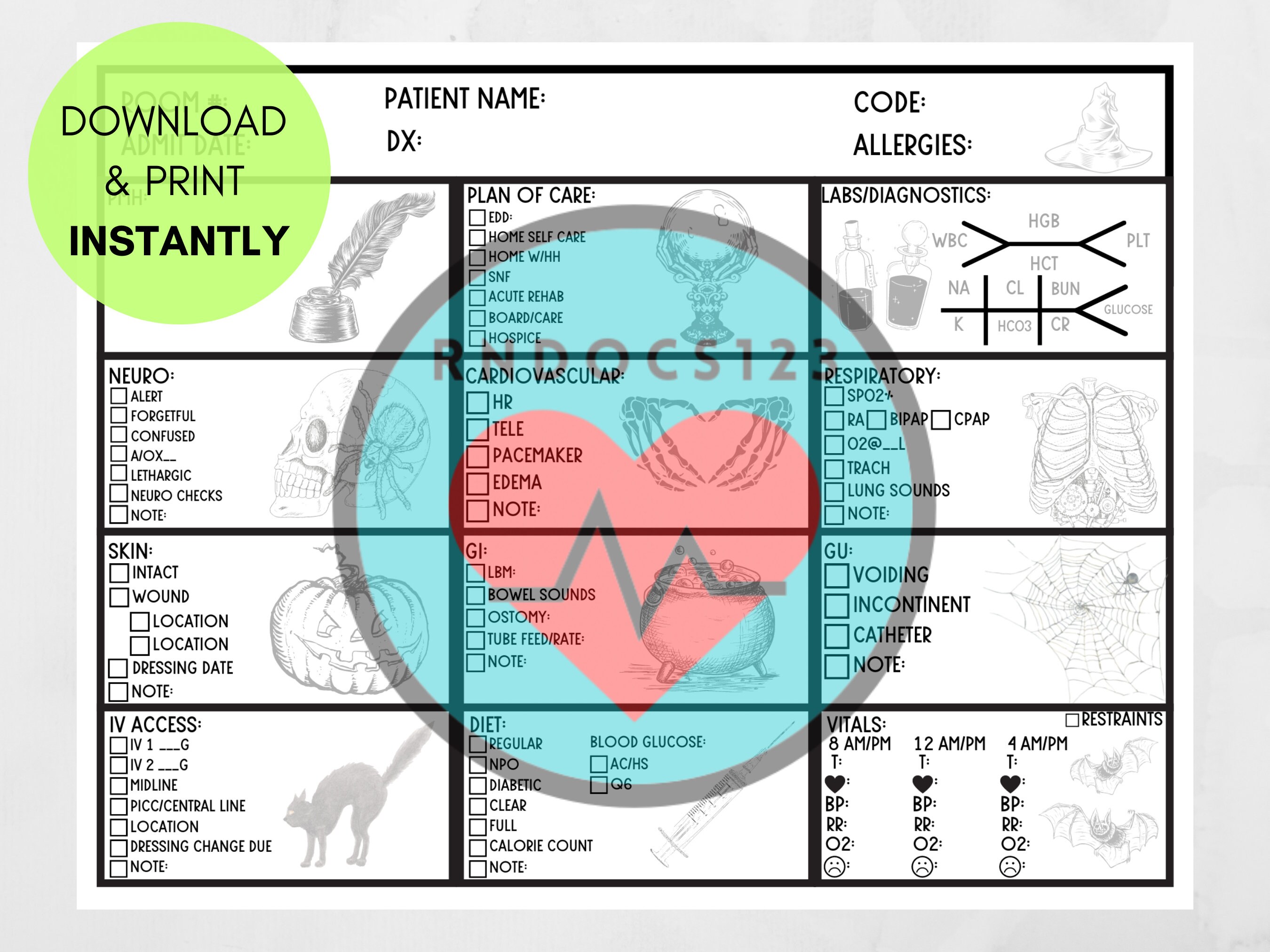 1 Patient Nurse Report Printable + Spooky Halloween Graphics, SBAR RN ...