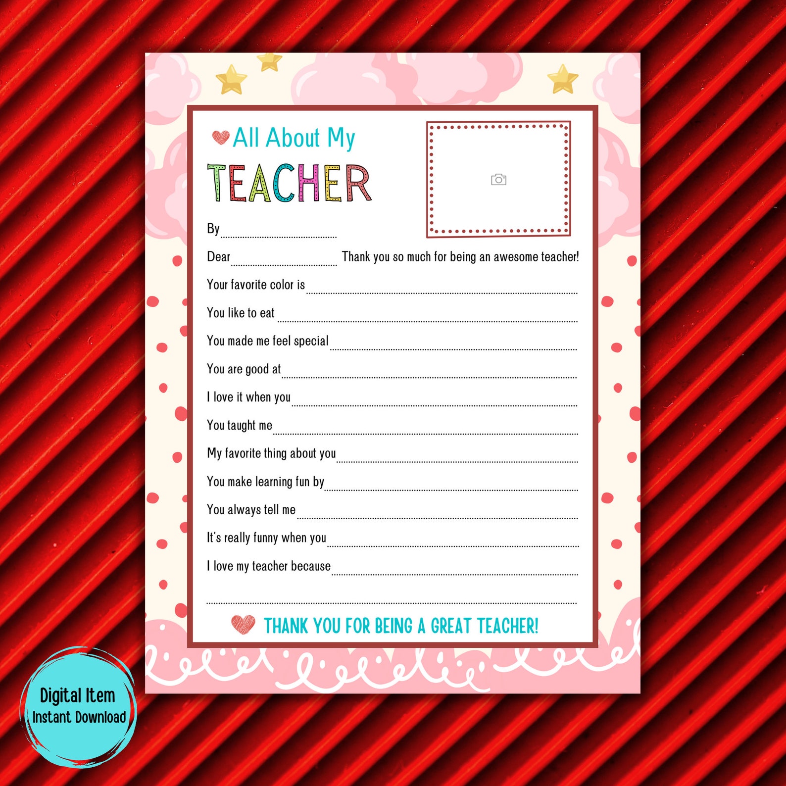 Teacher Appreciation Week Printable All About Teacher Fill in - Etsy