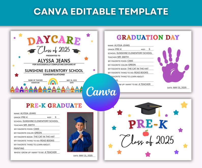 Editable Pre-k Graduation Certificate Canva Template, End of School ...