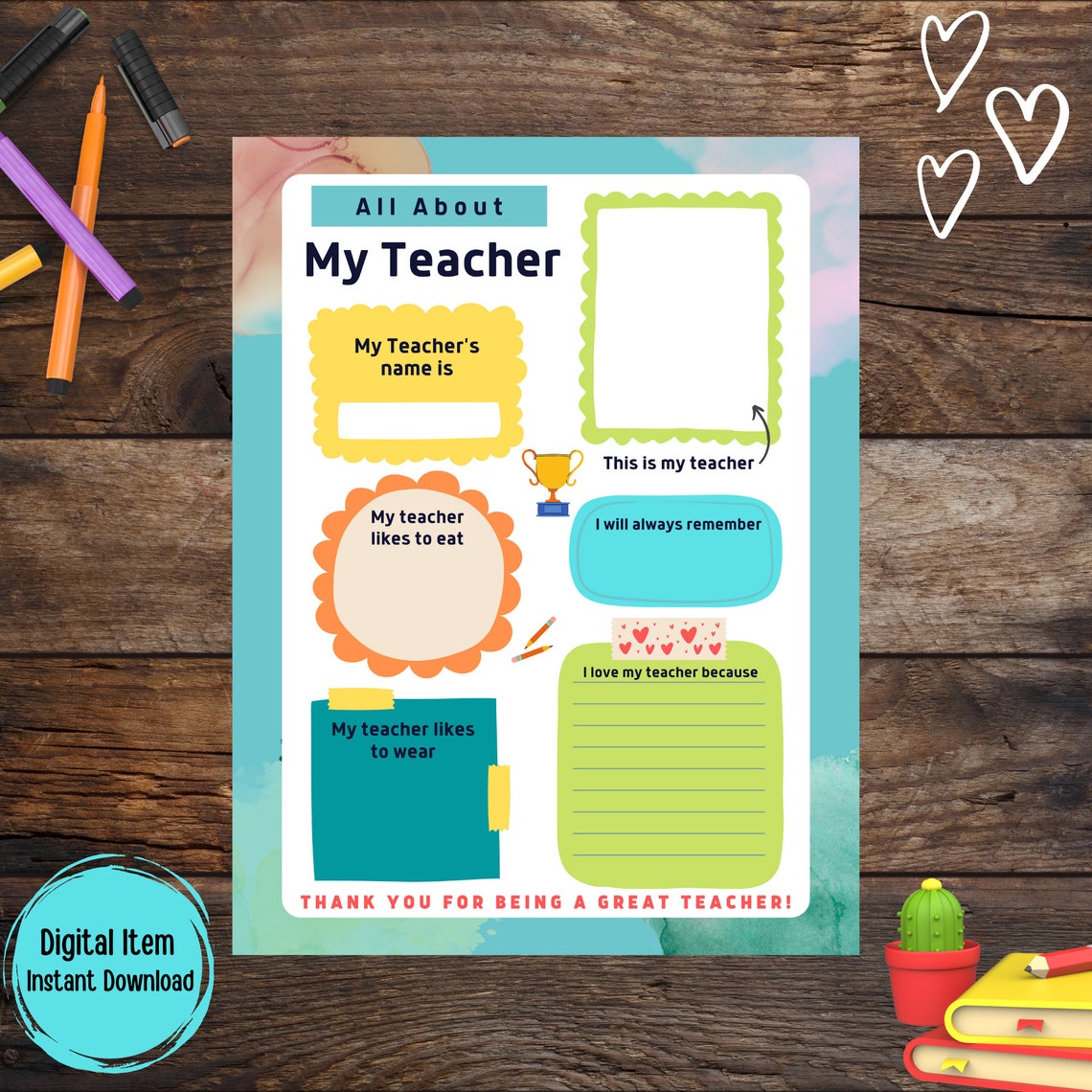 Printable Fill in Template, Teacher Gifts From Students. All About My ...