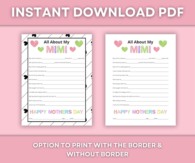 All About My Mimi Printable Gift Set: Mother's Day Card (PDF) - Etsy