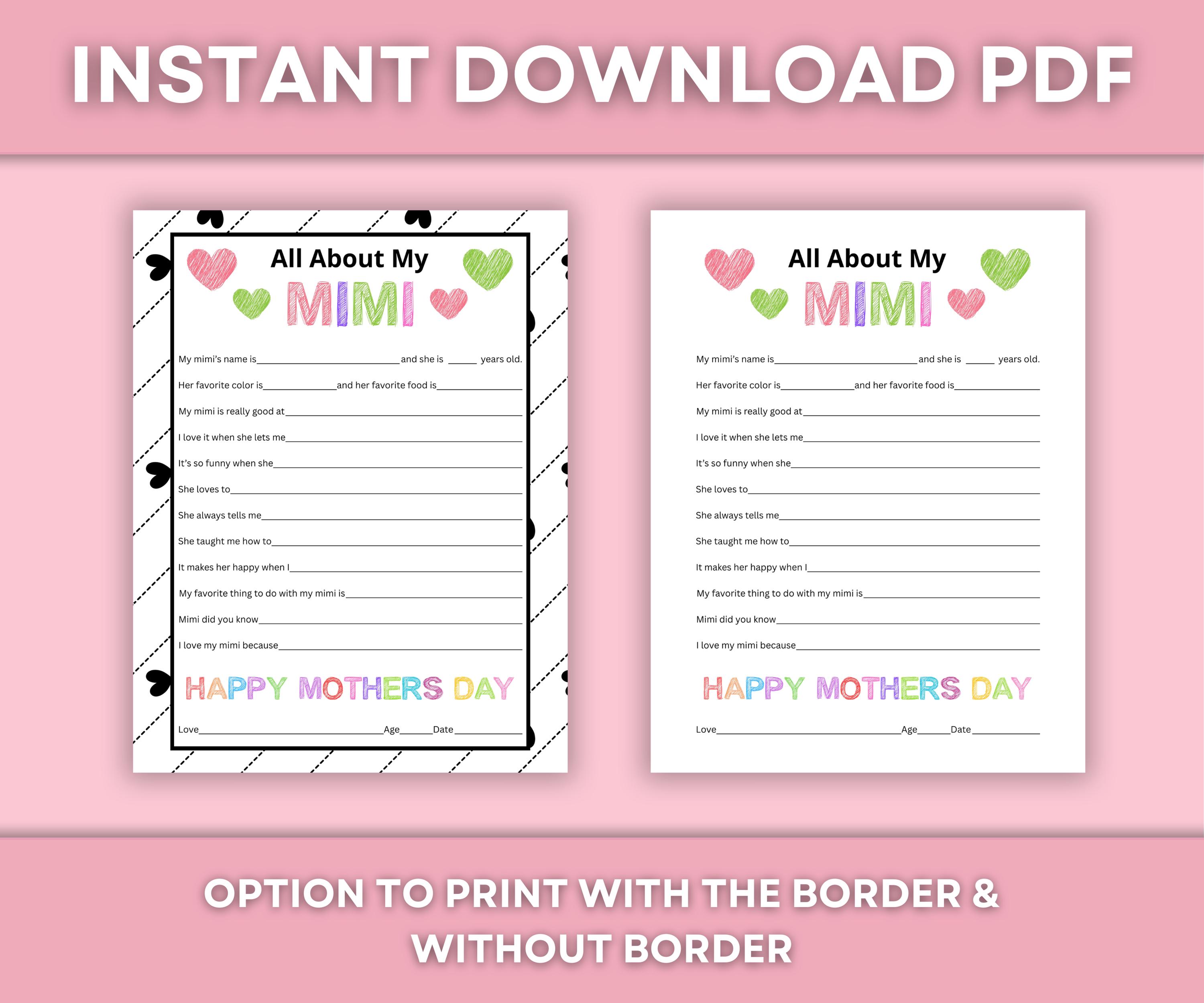 All About My Mimi Printable Gift Set: Mother's Day Card (PDF) - Etsy
