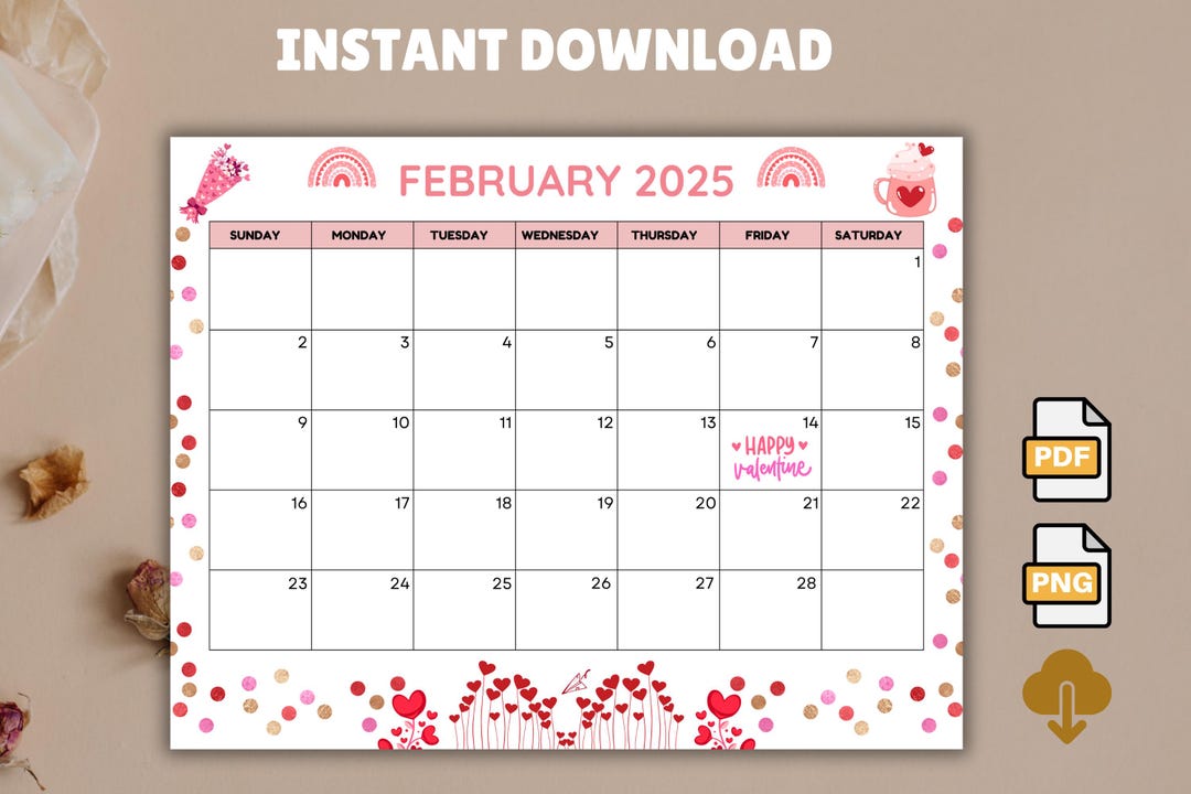 February 2025 Calendar Printable, Monthly Digital Calendar, Cute ...
