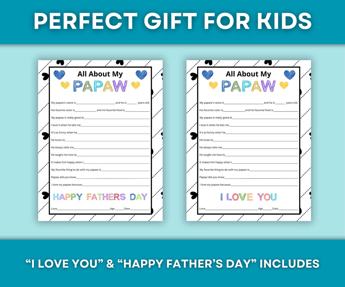 All About My Papaw Printable – Father's Day Fill-in Card (instant ...