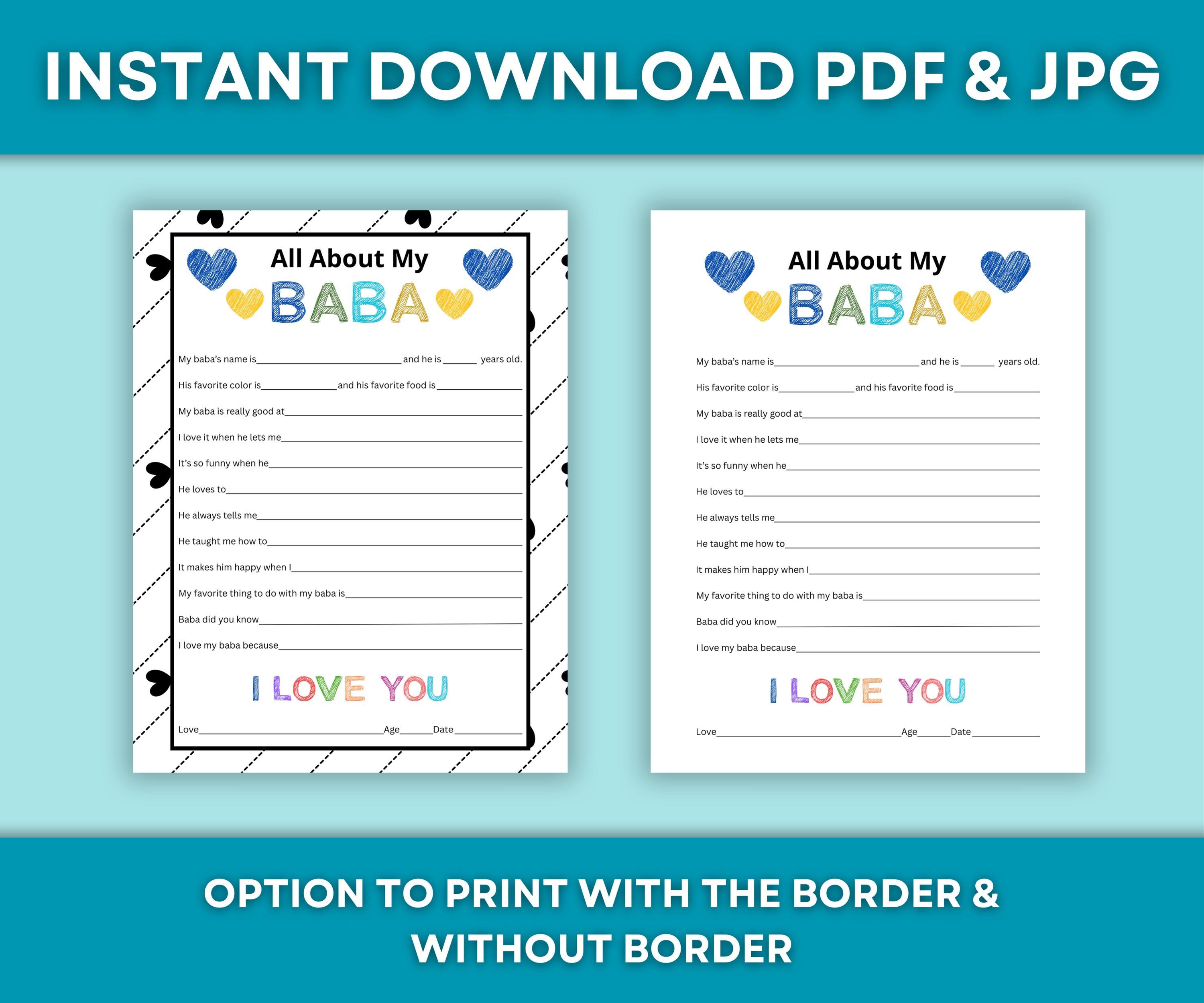 All About My Baba Printable – Father's Day Fill-in Card (instant ...