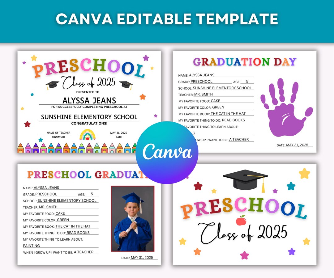 Editable Preschool Graduation Certificate Canva Template, End of School ...