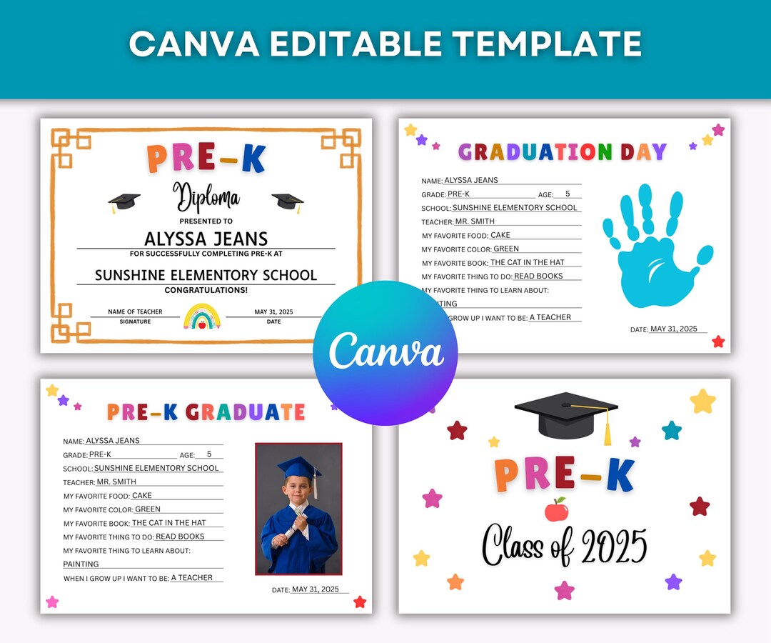 Editable Pre-k Graduation Certificate Canva Template (digital Download ...