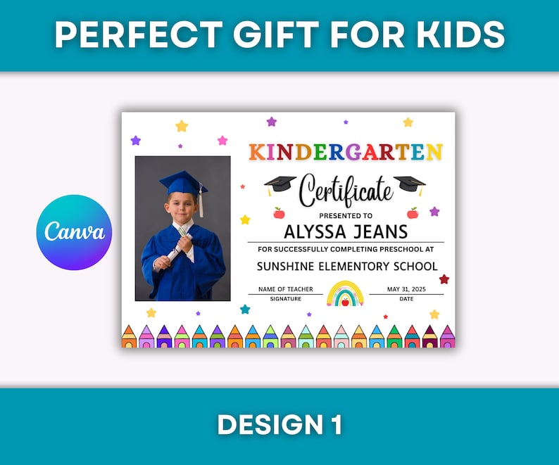 Editable Kindergarten Graduation Certificate: Photo Keepsake Canva ...