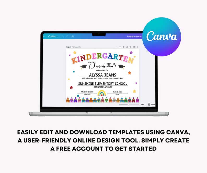 Editable Kindergarten Graduation Certificate Canva Template, End of ...