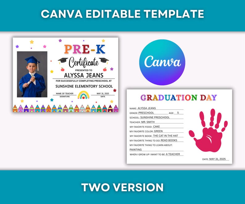 Editable Pre-k Certificate With Photo Printable Canva Template, End of ...