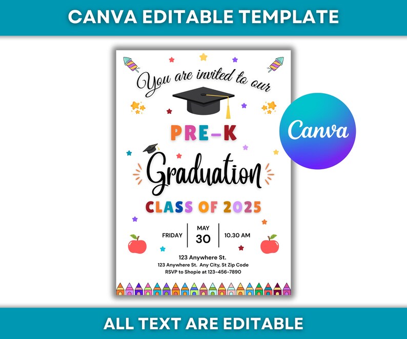 Editable Pre-k Graduation Invitation, Canva Editable Templates, Prek ...