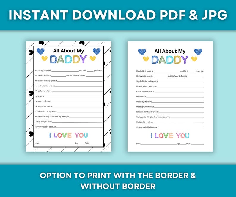 All About My Daddy Printable – Father's Day Fill-in Card (instant ...