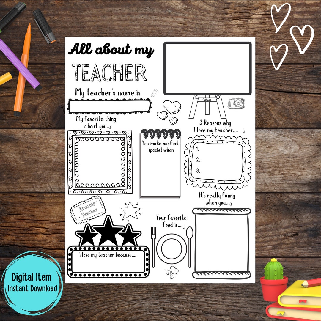 All About My Teacher Printable Fill in Template, Fathers Day Gift for ...