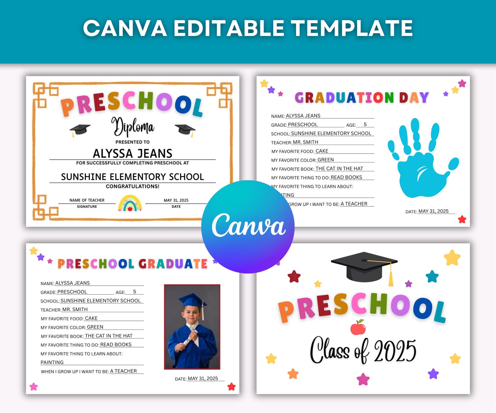 Editable Preschool Graduation Certificate: Canva Template (digital ...