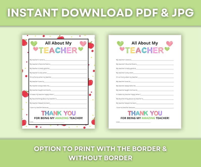 Teacher Appreciation Printable: All About My Teacher Worksheet (digital ...
